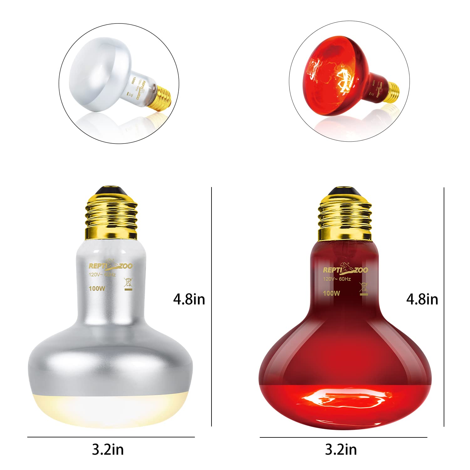 REPTIZOO Reptile Dual Lamp Fixture Heat Lamp Bulb Combo Pack includes 100W UVA Daylight Heating Lamp and 100W Infrared Heat Emitter Infrared Basking Spot