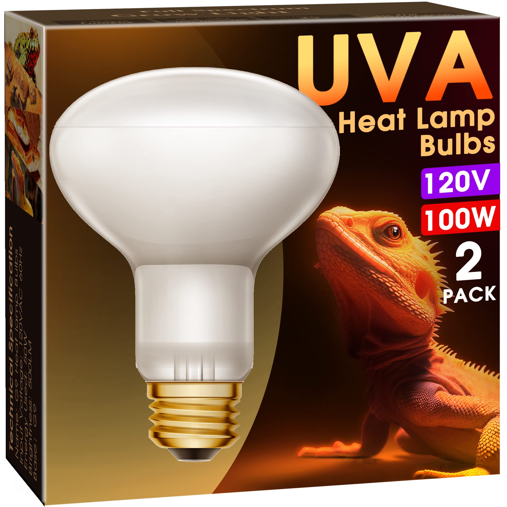 Briignite Heat Lamp Bulbs, UVA Reptile Light, 100W Reptile Heat Lamp Bulbs, E26 Base Basking Spot Bulb for Reptile, Full Spectrum Heat Light Bulb for Turtle Lizard Tank, Bearded Dragon, 2 Pack