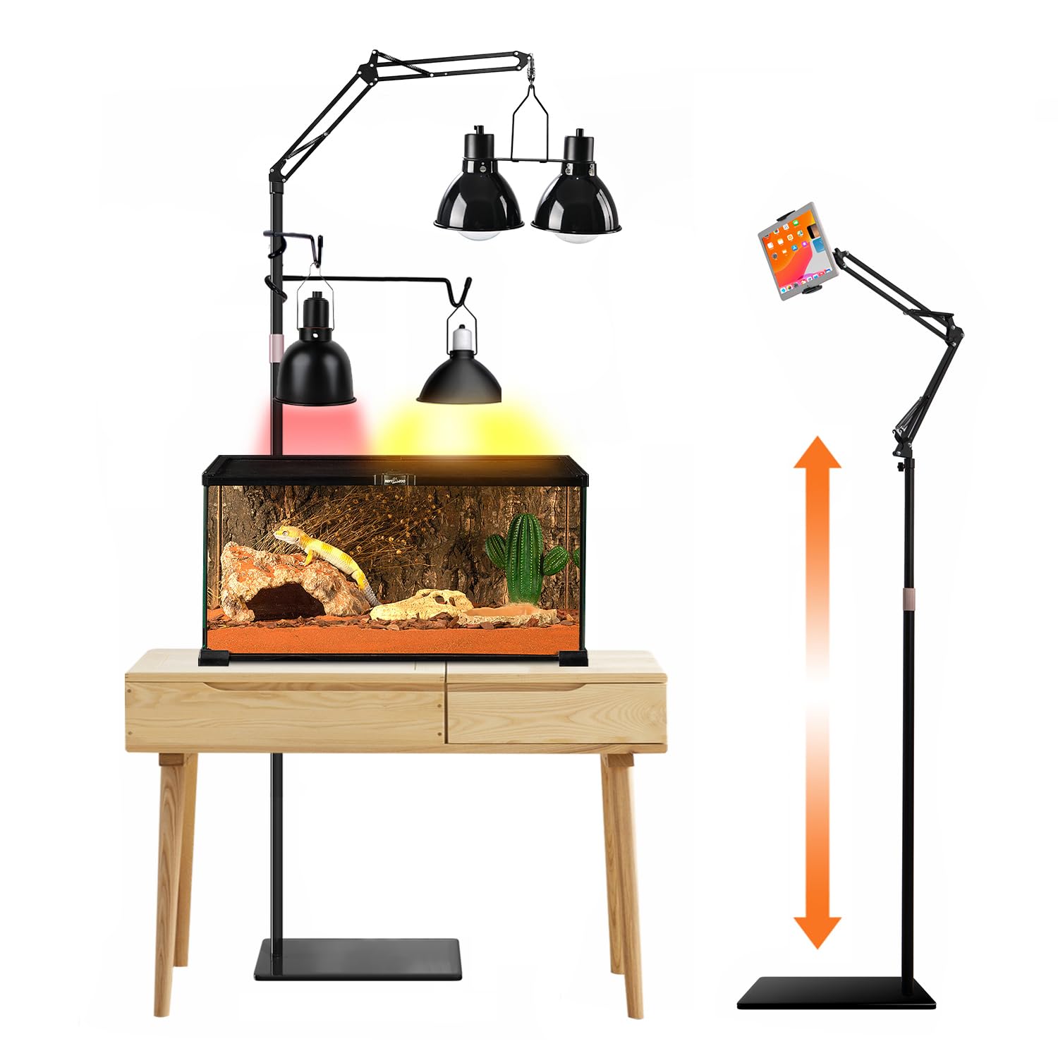 82" Reptile Dual Lamp Stand with Two 16" Hooks, Hang 10.5 Lbs Very Stable, Reptile Heat Light Stand with 6.9 Lbs Metal Base, Height Adjustable from 15" to 82", Tablet Floor Stand