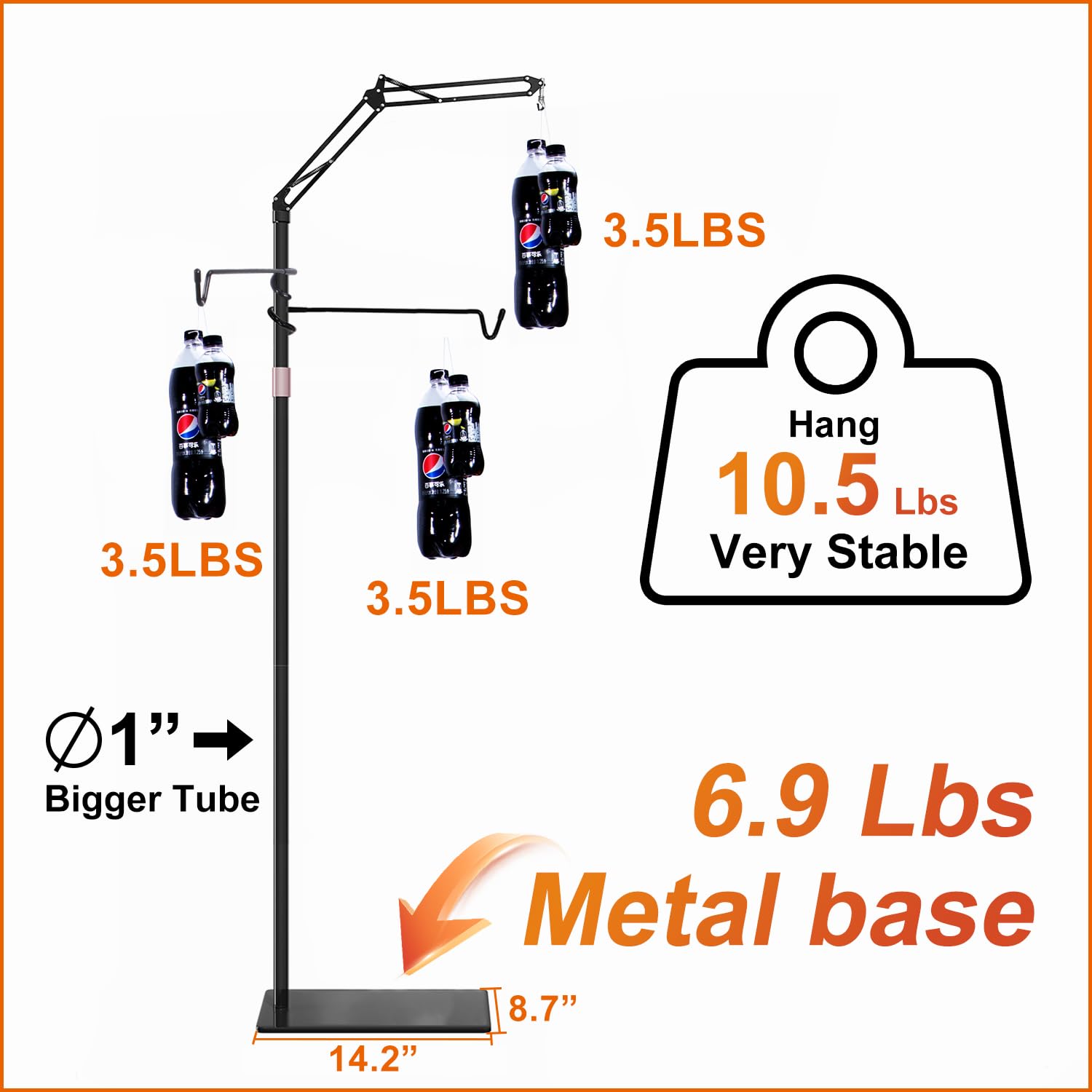 82" Reptile Dual Lamp Stand with Two 16" Hooks, Hang 10.5 Lbs Very Stable, Reptile Heat Light Stand with 6.9 Lbs Metal Base, Height Adjustable from 15" to 82", Tablet Floor Stand