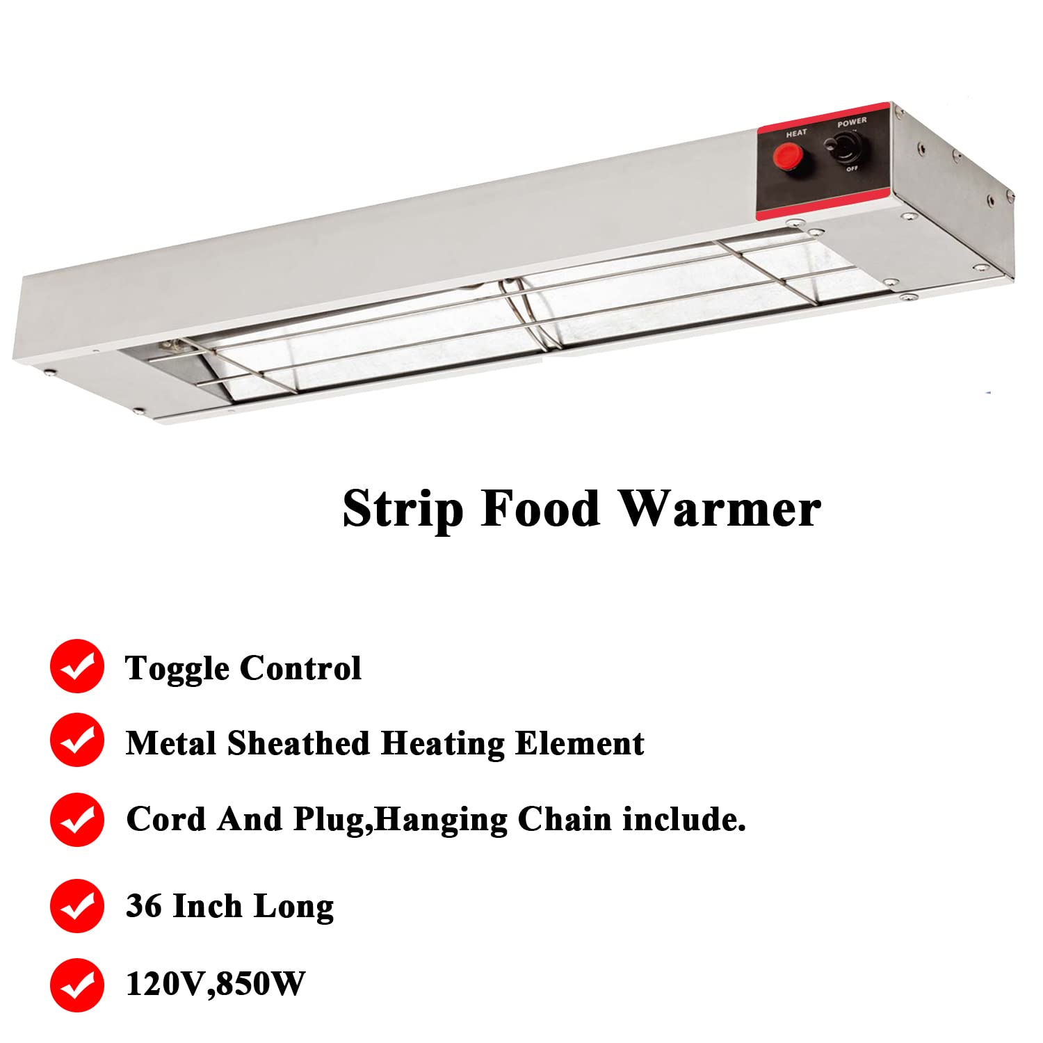 36 Inch Food Heat Lamp Commercial Food Light Hanging Strip Warmer 850 Watts with Chain and Us Plug,110v (36")