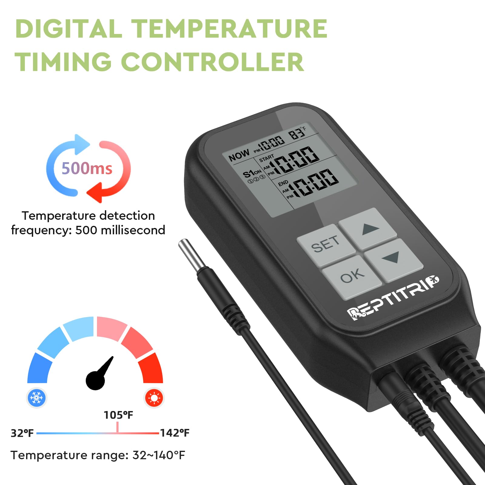 REPTITRIP Reptile Thermostat, Reptile Light Timer for Temperature and Lighting Control, Day-Night Timer Thermostat with Reptile Thermometer for UVB Light, Heat Lamp, Heating Pad, 10A 1250w