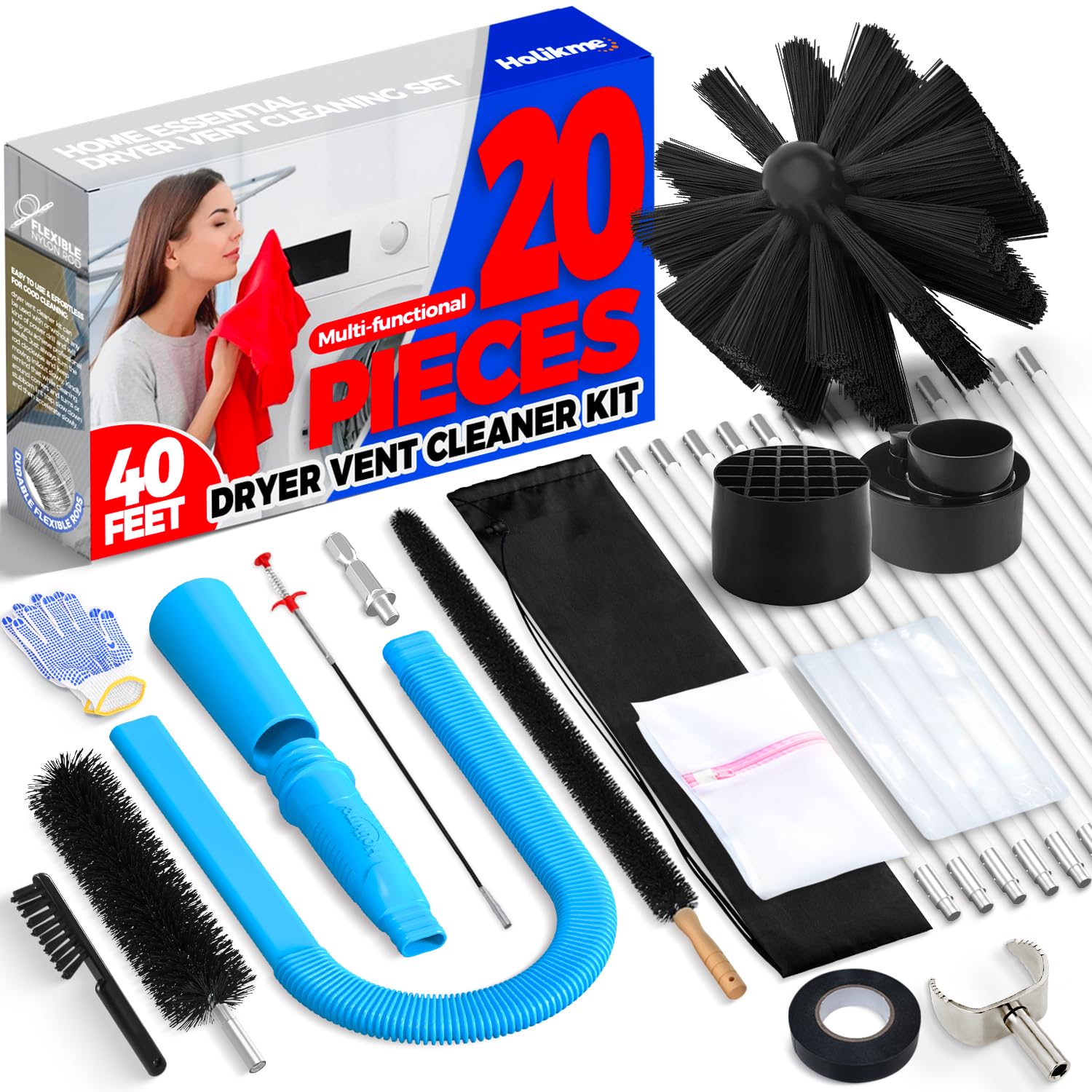 Holikme 40feet Dryer Vent Cleaner Kit Dryer Cleaning Tool Include Dryer Vent Brush, Omnidirectional Blue Dryer Lint Vacuum Attachment Dryer Lint Trap Brush, Vacuum & Dryer Adapters