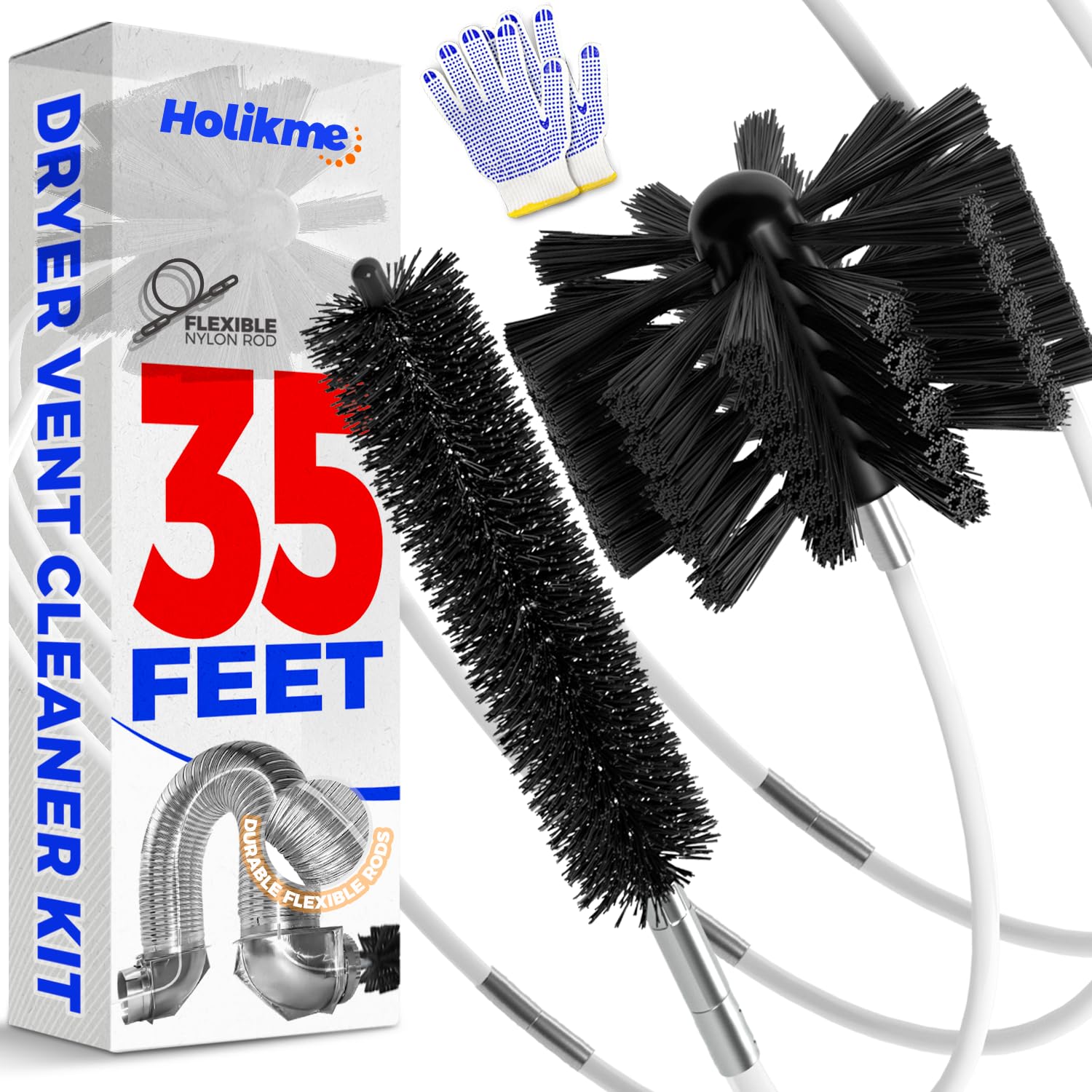 Holikme 35 Feet Dryer Vent Cleaning Brush, Lint Remover, Synthetic Brush Head, Use with or without a Power Drill