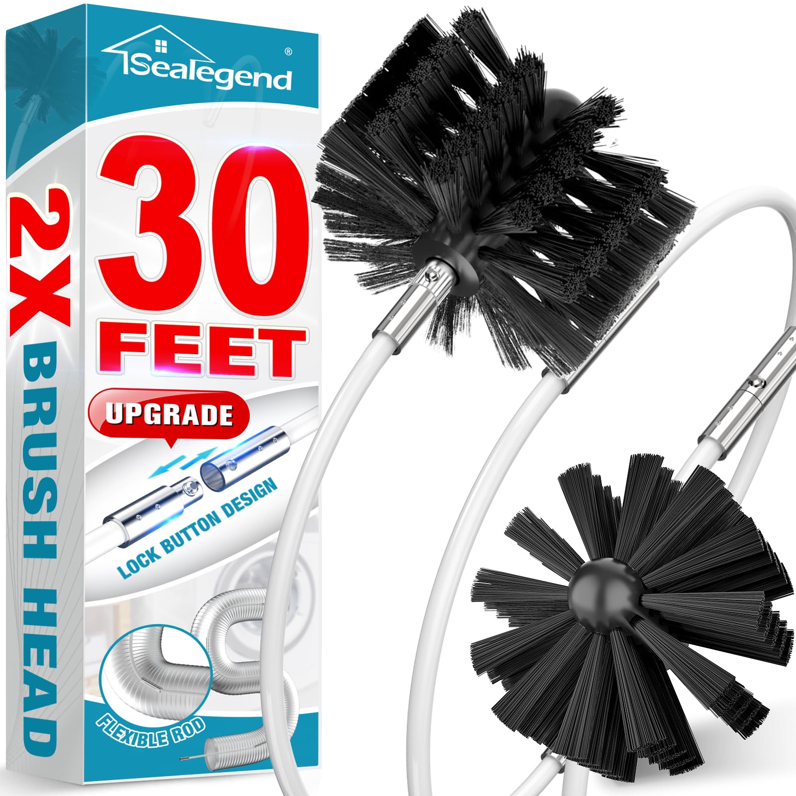 Sealegend 30 FEET Dryer Vent Cleaner Kit Double Synthetic Brush Head Upgraded Flexible Quick Snap Brush with Drill Attachment Extend Up to 30 FEET Fireplace Chimney Brushes