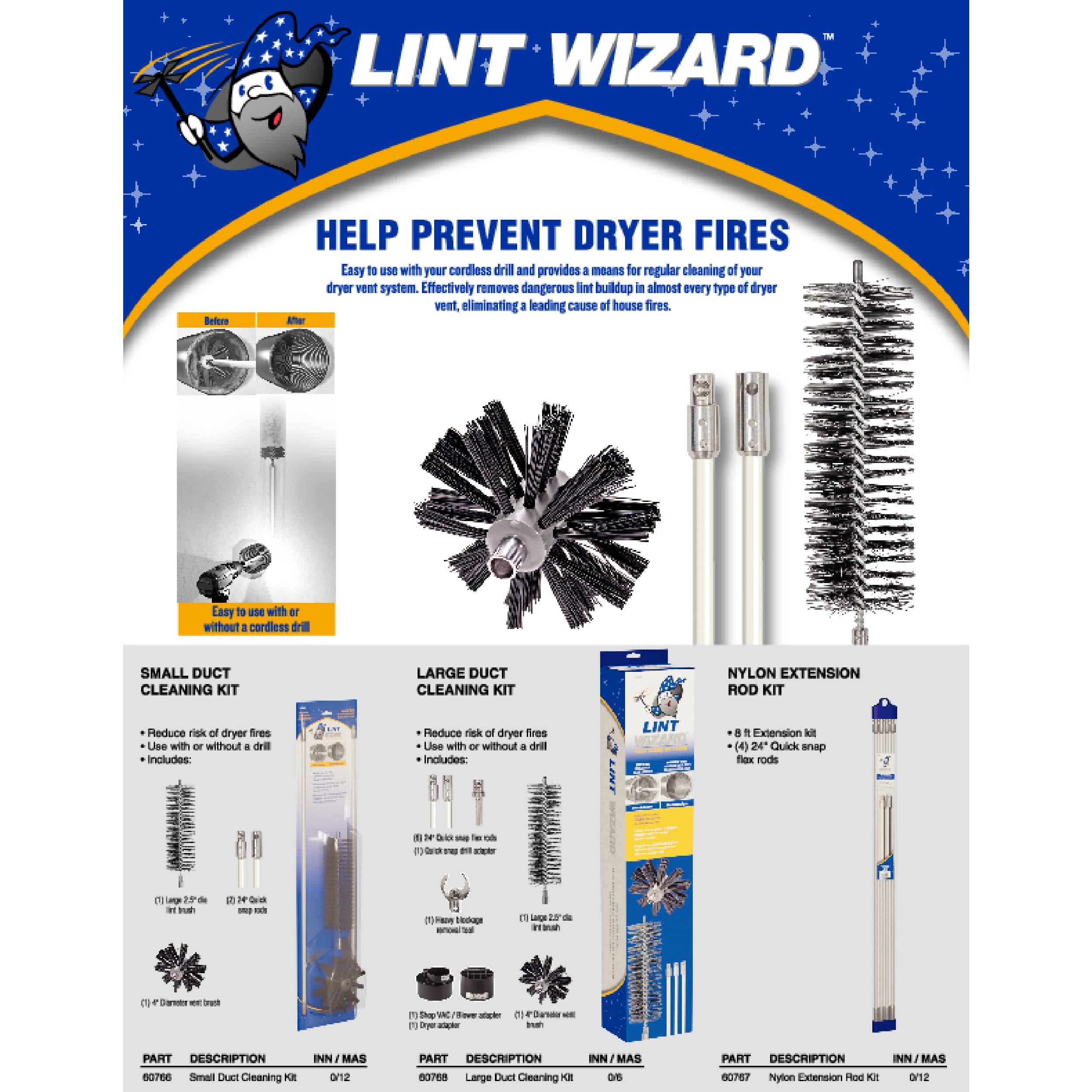 Eastman Lint Wizard Large Duct Dryer Vent Cleaning Kit, 2 Foot Flexible Quick Snap Rods, Blockage Removal Tool, 4 Inch Auger Brush, Lint Trap Brush, 60768