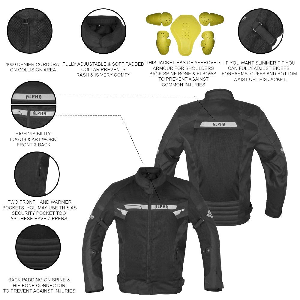 ALPHA CYCLE GEAR BREATHABLE BIKERS RIDING PROTECTION MOTORCYCLE JACKET MESH CE ARMORED (BLACK WIND, XXX-LARGE)