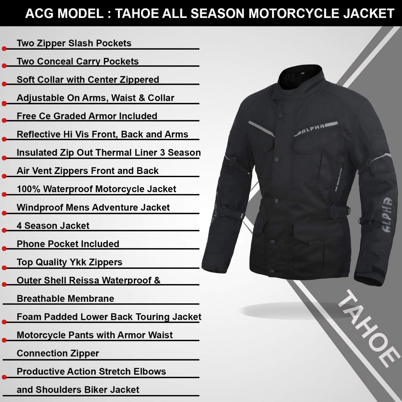 ACG TAHOE-J106 MOTORCYCLE ADV JACKET (BLACK, X-LARGE)