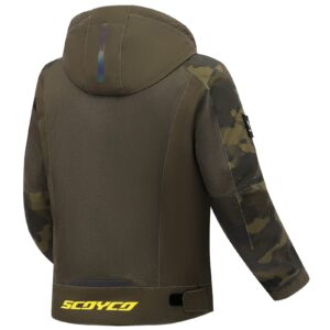 Scoyco Motorcycle Jacket Camo Sleeve Cordura Textile Motorbike Hoodie Protective CE Armored Zip Up Jacket with Detachable Hood All Season