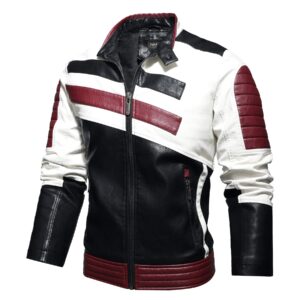 CBYEZY Stand-up collar men's motorcycle leather motorcycle racing suit color-blocking PU simulation leather jacket (Red, l)