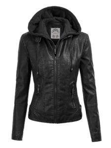 made by johnny mbj wjc1044 womens faux leather quilted motorcycle jacket with hoodie l black