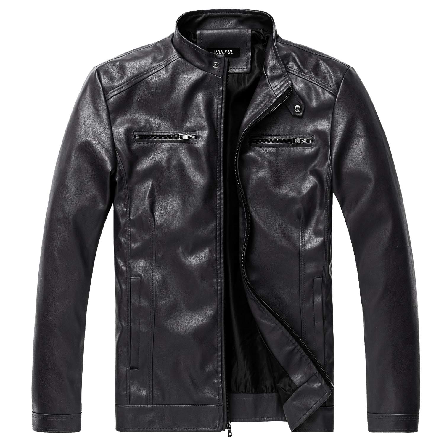 WULFUL Men's Stand Collar Leather Jacket Motorcycle Lightweight Faux Leather Outwear