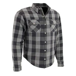 milwaukee leather mpm1630 men's plaid flannel biker shirt with ce approved armor - reinforced w/aramid fibers - large grey