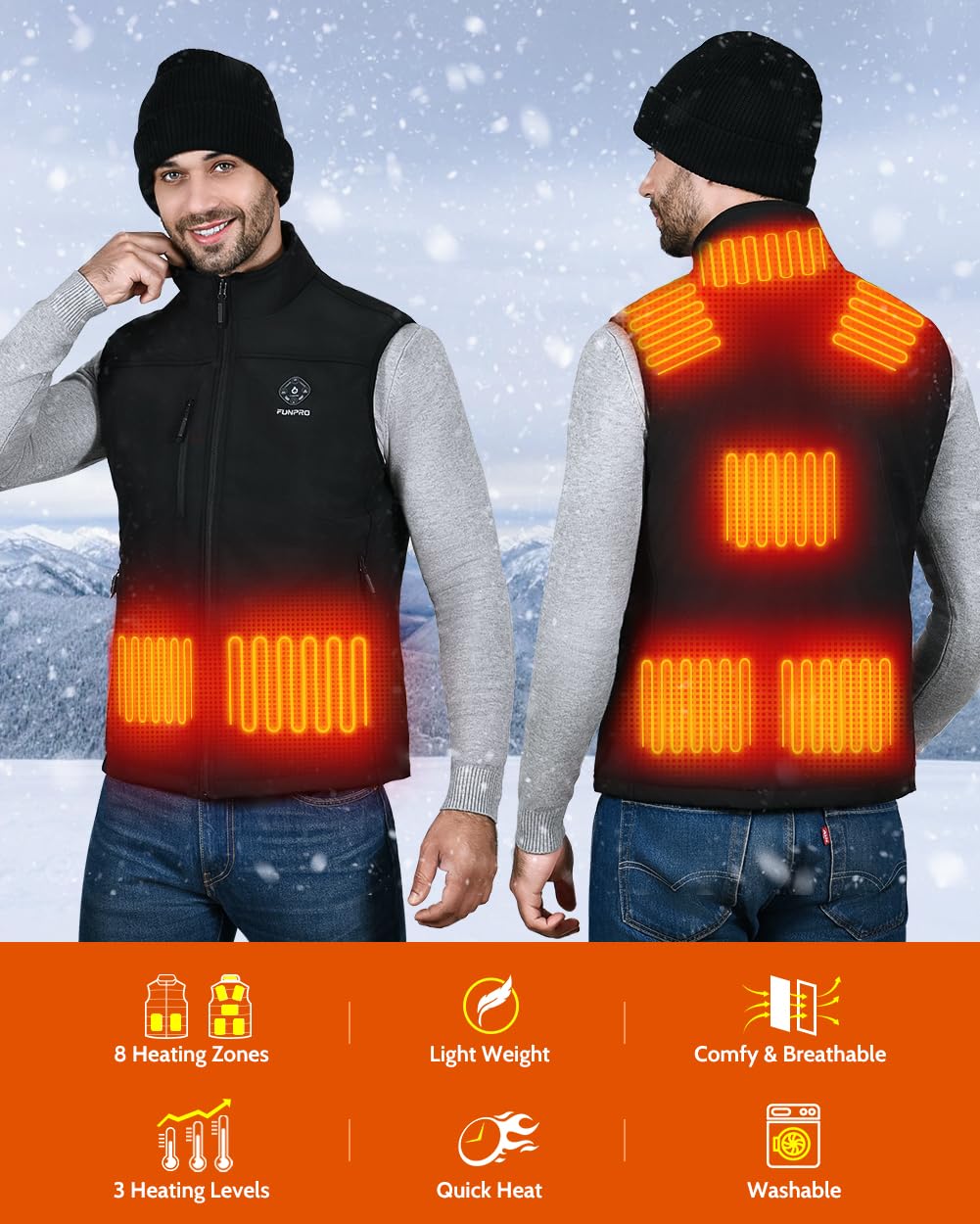 FUNPRO Heated Vest for Men Women, Windproof Electric Heating Vest, Softshell Sleeveless Sports Jacket, Battery Not Included