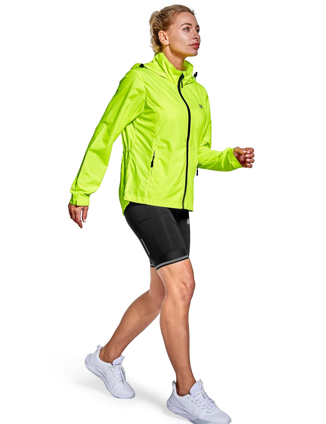 FitsT4 Sports Women's Cycling Running Jackets Lightweight Windproof Bike Windbreaker Reflective with Hood Fluorescent Yellow Size S