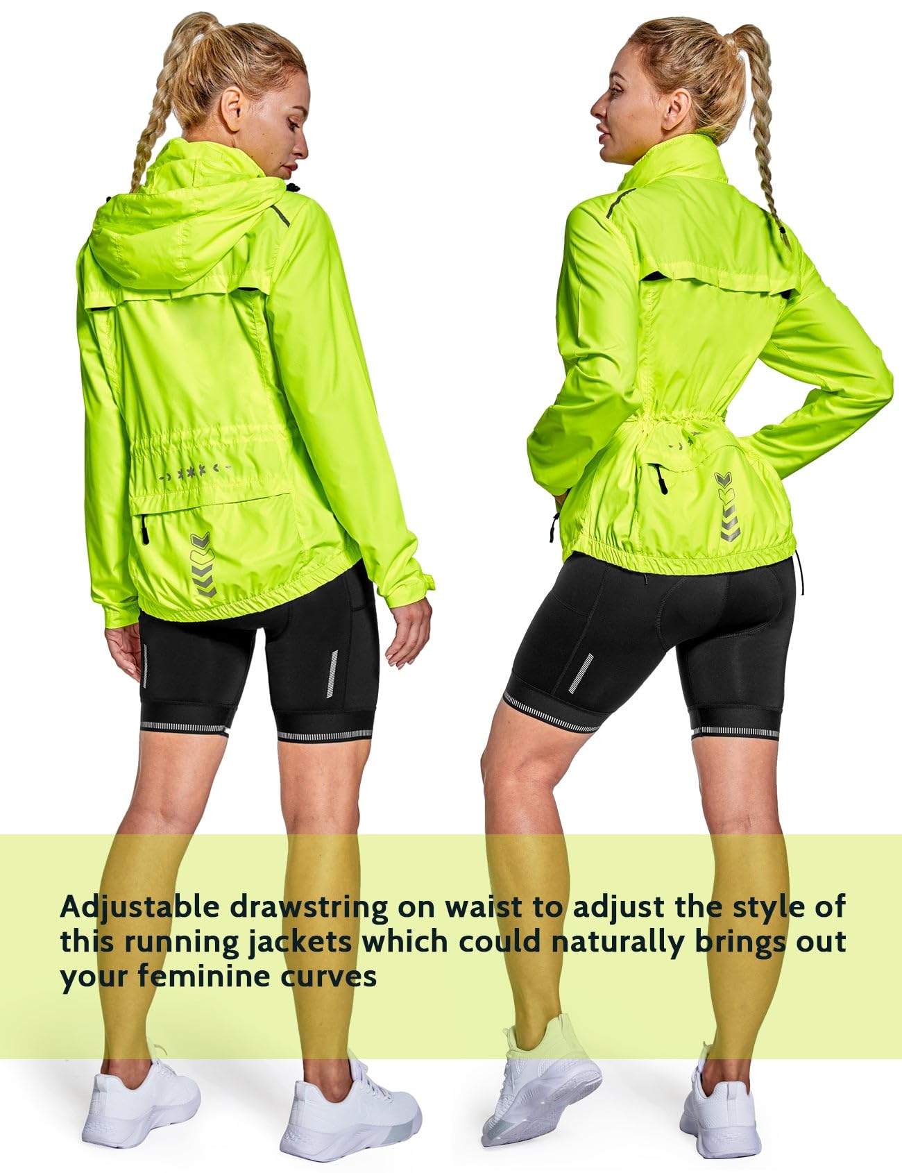 FitsT4 Sports Women's Cycling Running Jackets Lightweight Windproof Bike Windbreaker Reflective with Hood Fluorescent Yellow Size S