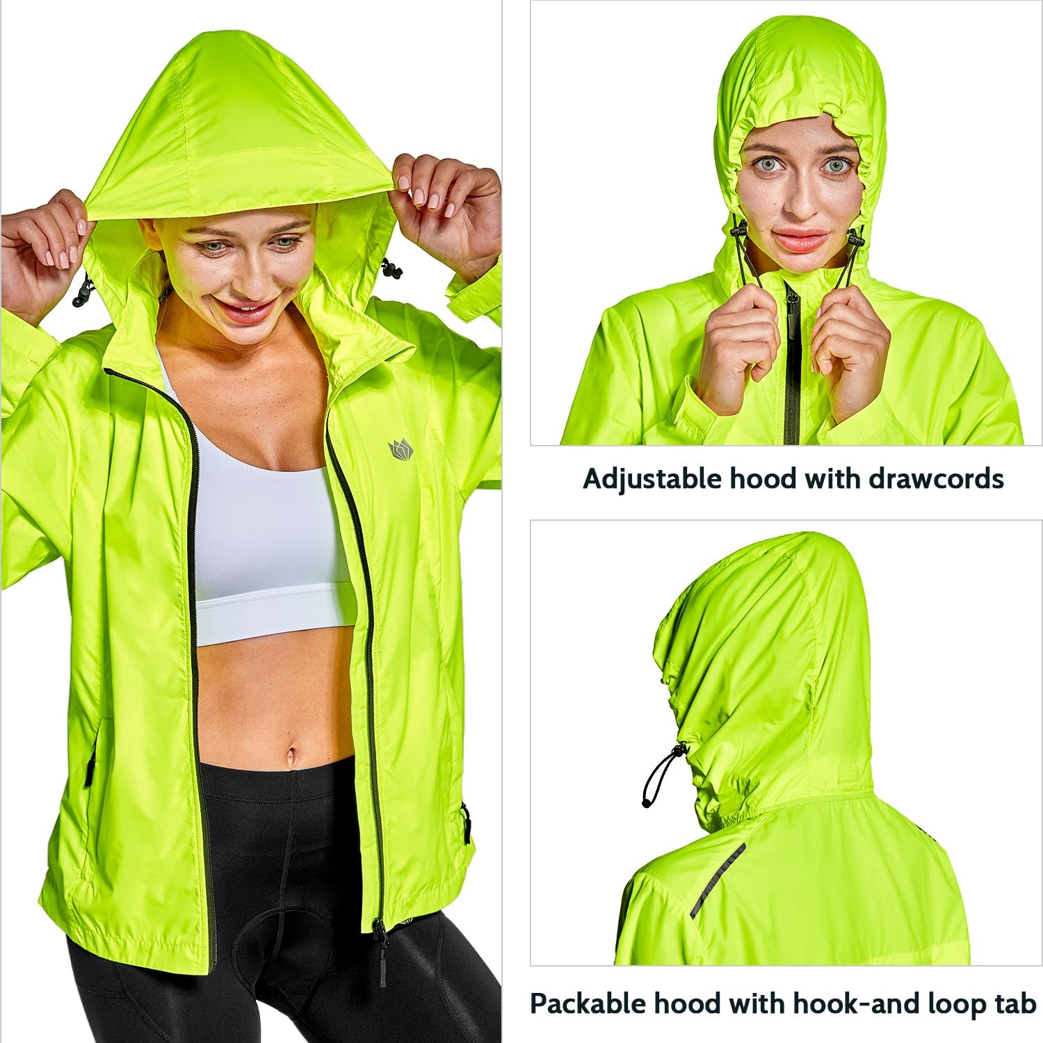 FitsT4 Sports Women's Cycling Running Jackets Lightweight Windproof Bike Windbreaker Reflective with Hood Fluorescent Yellow Size S