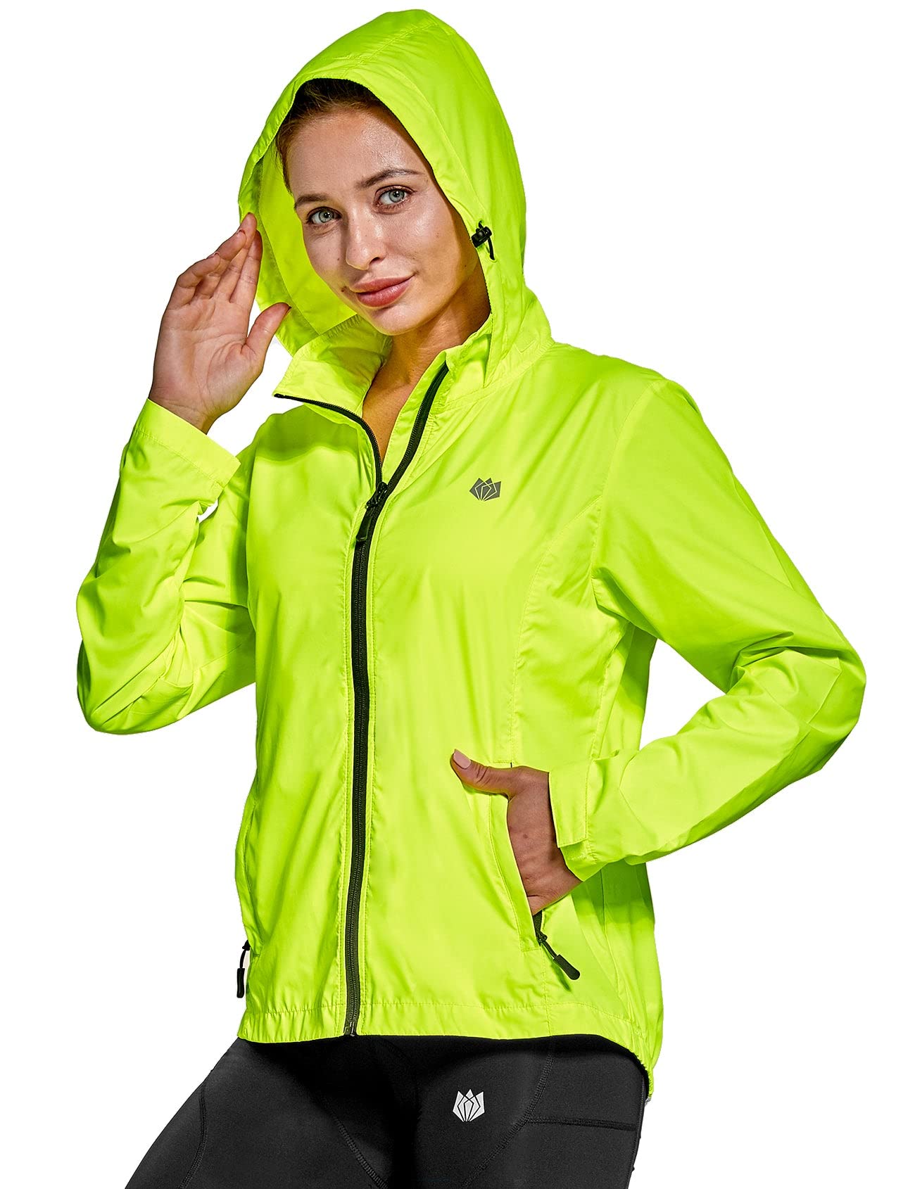 FitsT4 Sports Women's Cycling Running Jackets Lightweight Windproof Bike Windbreaker Reflective with Hood Fluorescent Yellow Size S