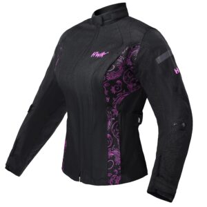 hwk adventure/touring motorcycle jacket for women, women's motorcycle jacket with ce armor for enduro motorbike riding, water resistant textile biker jacket for women - black & pink, small