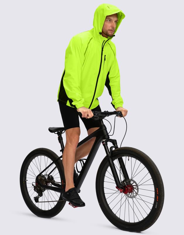 Men's Cycling Rain Jackets Waterproof Running Windbreaker Hooded Reflective Bike Hiking Biking Windproof Bicycle Riding(Fluorescent Yellow/Black,4XL)