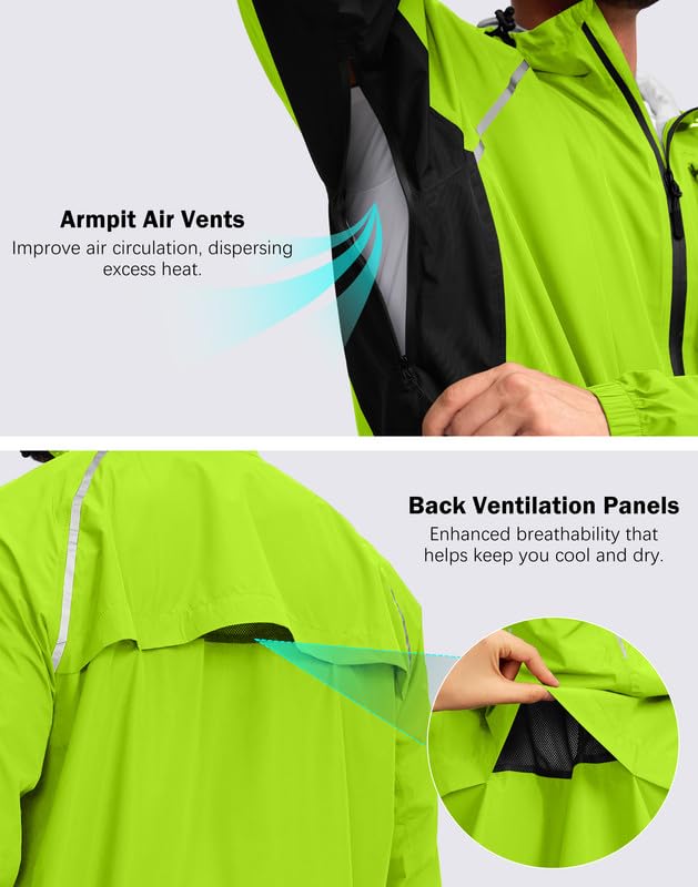 Men's Cycling Rain Jackets Waterproof Running Windbreaker Hooded Reflective Bike Hiking Biking Windproof Bicycle Riding(Fluorescent Yellow/Black,4XL)