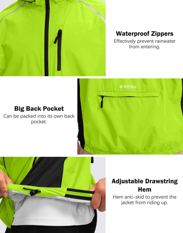 Men's Cycling Rain Jackets Waterproof Running Windbreaker Hooded Reflective Bike Hiking Biking Windproof Bicycle Riding(Fluorescent Yellow/Black,4XL)