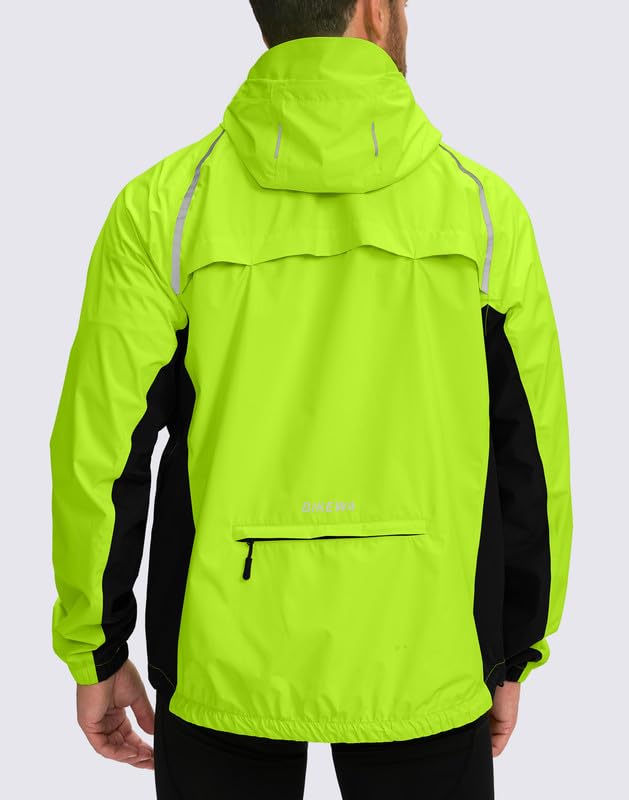 Men's Cycling Rain Jackets Waterproof Running Windbreaker Hooded Reflective Bike Hiking Biking Windproof Bicycle Riding(Fluorescent Yellow/Black,4XL)