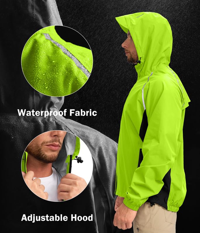 Men's Cycling Rain Jackets Waterproof Running Windbreaker Hooded Reflective Bike Hiking Biking Windproof Bicycle Riding(Fluorescent Yellow/Black,4XL)