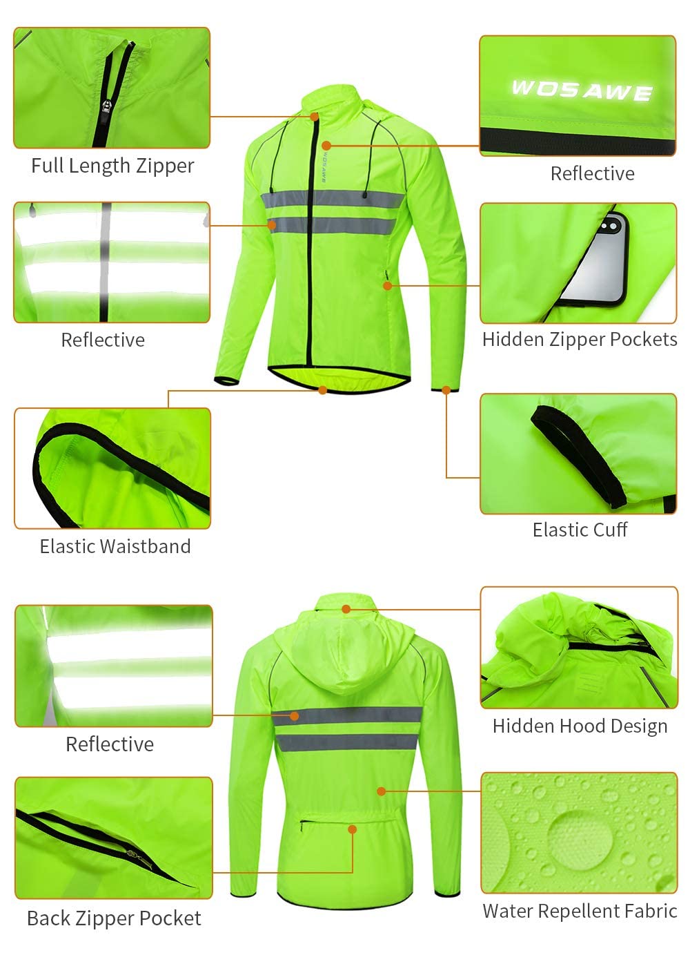 WOSAWE Packable Cycling Jacket Hooded Running Coat Lightweight Biking Windbreaker, Green with Hood Large