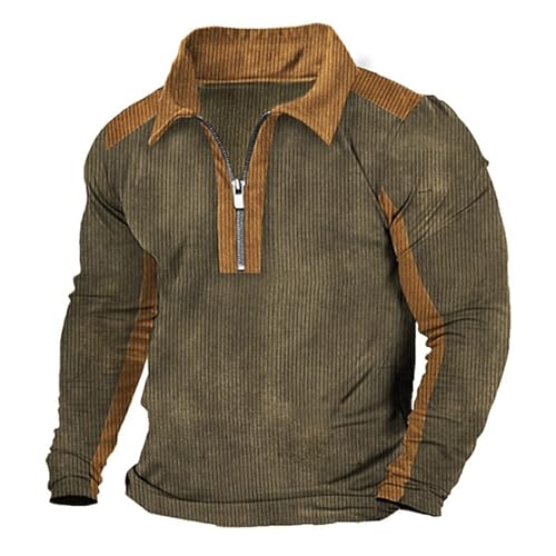 AITEQY Mens Corduroy Shirt Lapel Collar Button Up Pullover Mock Neck Long Sleeve Sweaters Polo Sweatshirts with Elbow Patches Fall Western Tops Thermal Sweater