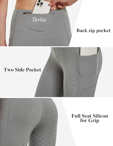 FitsT4 Sports Women's Winter Full Seat Riding Tights Fleece Lined Horse Riding Pants Silicon Grip Horseback Equestrian Breeches Pockets Grey Size M