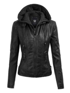 lock and love ll wjc1044 womens faux leather quilted motorcycle jacket with hoodie l black