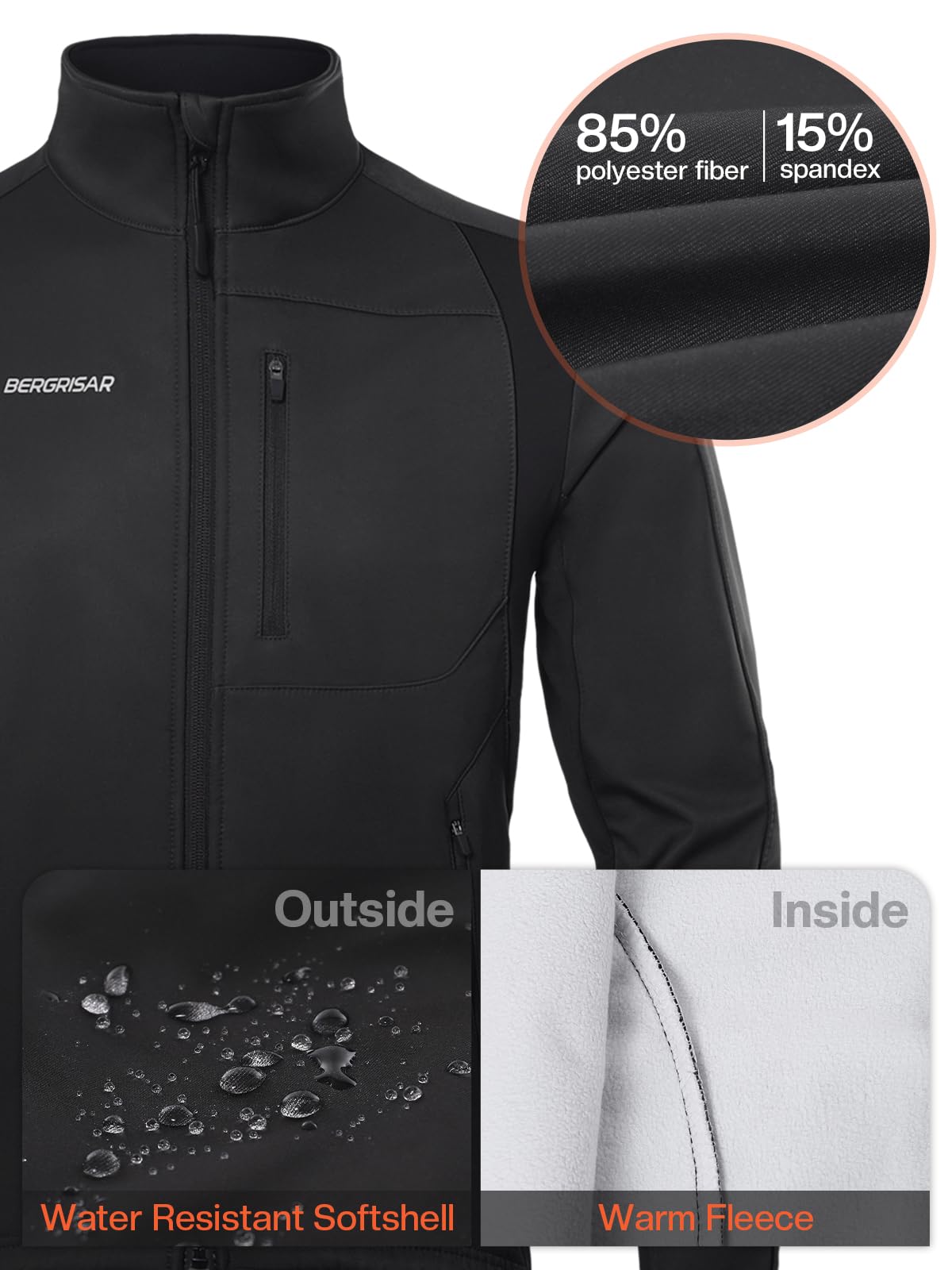 BERGRISAR Winter Cycling Jacket for Men Softshell Windproof Thermal Fleece Bike Clothing Running Jacket Windbreaker Black Large