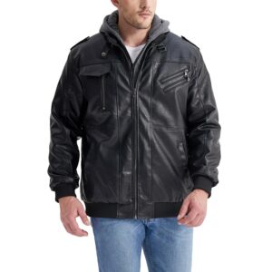 mebamy men's casual faux leather jacket coat autumn and winter warm jacket black leather motorcycle jacket with removable hood