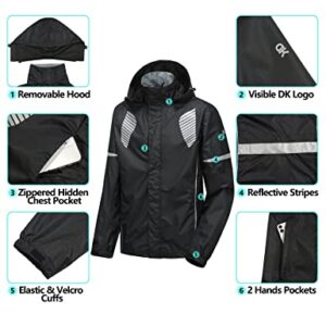 Little Donkey Andy Men's Waterproof Running Cycling Rain Jacket Reflective Raincoats Packable Windbreaker Removable Hood Black S