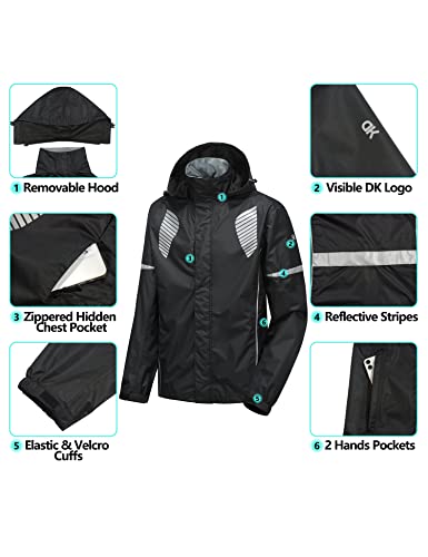 Little Donkey Andy Men's Waterproof Running Cycling Rain Jacket Reflective Raincoats Packable Windbreaker Removable Hood Black S