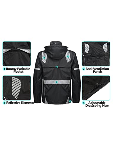 Little Donkey Andy Men's Waterproof Running Cycling Rain Jacket Reflective Raincoats Packable Windbreaker Removable Hood Black S