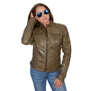 milwaukee leather sfl2800 women's 'racer' olive stand up collar motorcycle fashion leather jacket - x-large