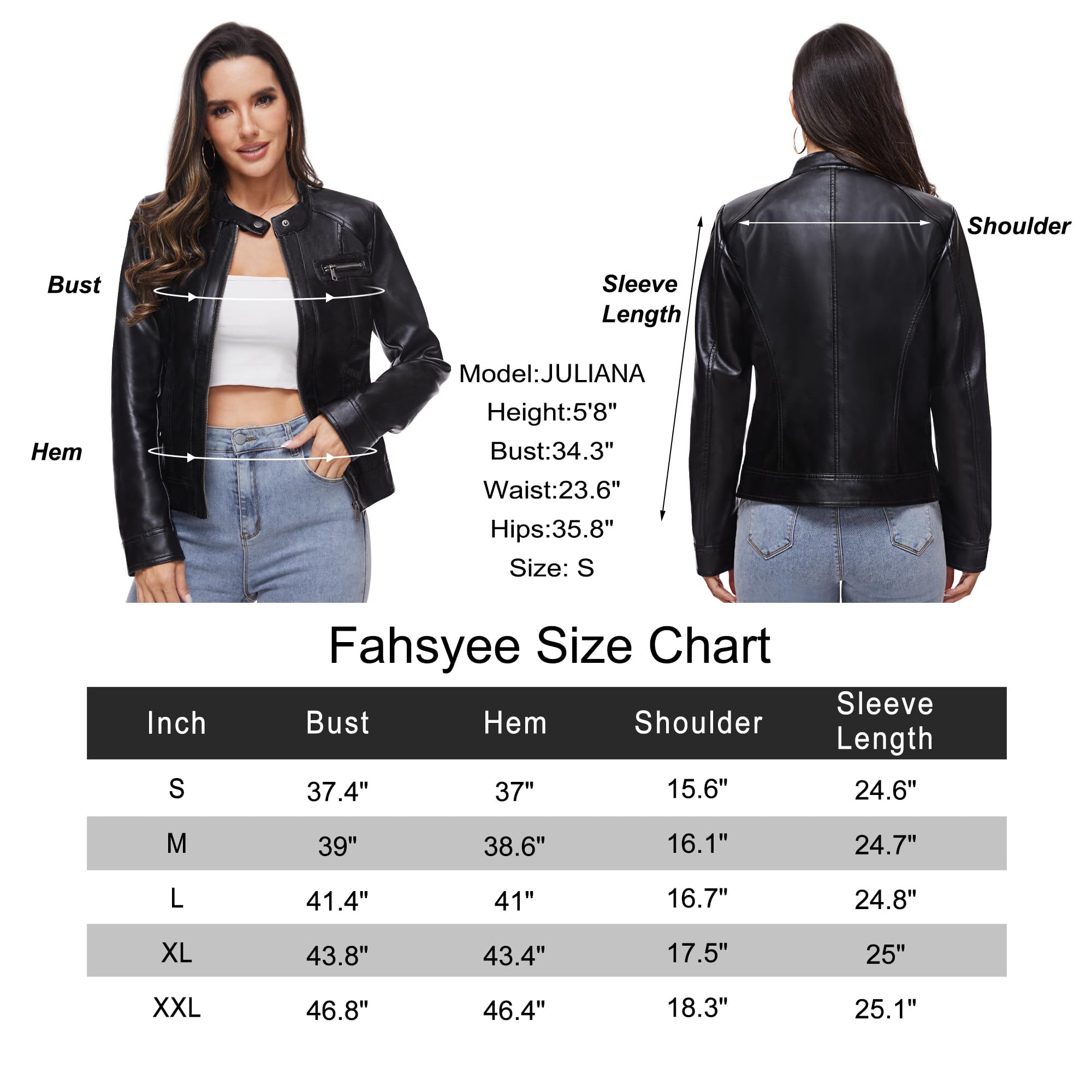 Fahsyee Women's Faux Leather Jackets, Zip Up Motorcycle Short PU Moto Biker Outwear Stand Collar Coat Size L Black