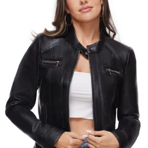 Fahsyee Women's Faux Leather Jackets, Zip Up Motorcycle Short PU Moto Biker Outwear Stand Collar Coat Size L Black