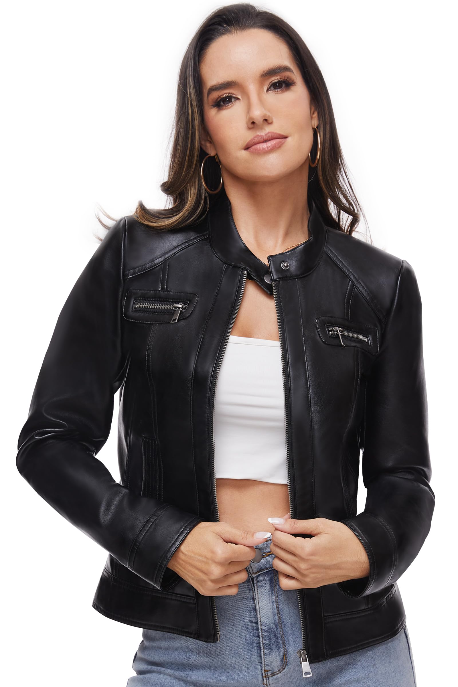 Fahsyee Women's Faux Leather Jackets, Zip Up Motorcycle Short PU Moto Biker Outwear Stand Collar Coat Size L Black