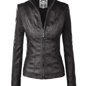 Made By Johnny MBJ WJC877 Womens Panelled Faux Leather Moto Jacket S Black