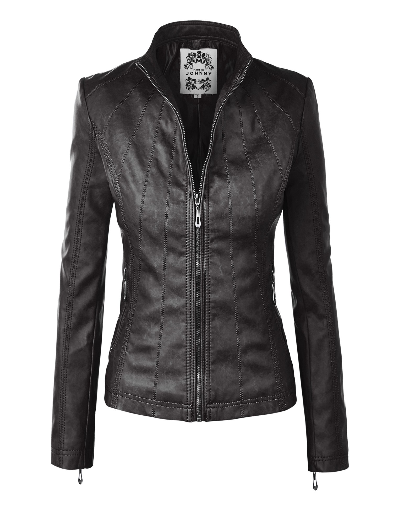 Made By Johnny MBJ WJC877 Womens Panelled Faux Leather Moto Jacket S Black