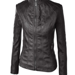 Made By Johnny MBJ WJC877 Womens Panelled Faux Leather Moto Jacket S Black