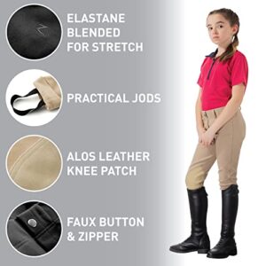 HORZE Nora Girls Riding Pants | Pull-on Kids Equestrian Leather Knee Patch Jodhpur Breeches - Black - M