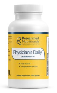 researched nutritionals physician's daily + d3 supplement - daily multivitamin for men and women with vitamin d3 2000iu, vitamin b12, vitamin b6 + methylated folate (60 capsules)