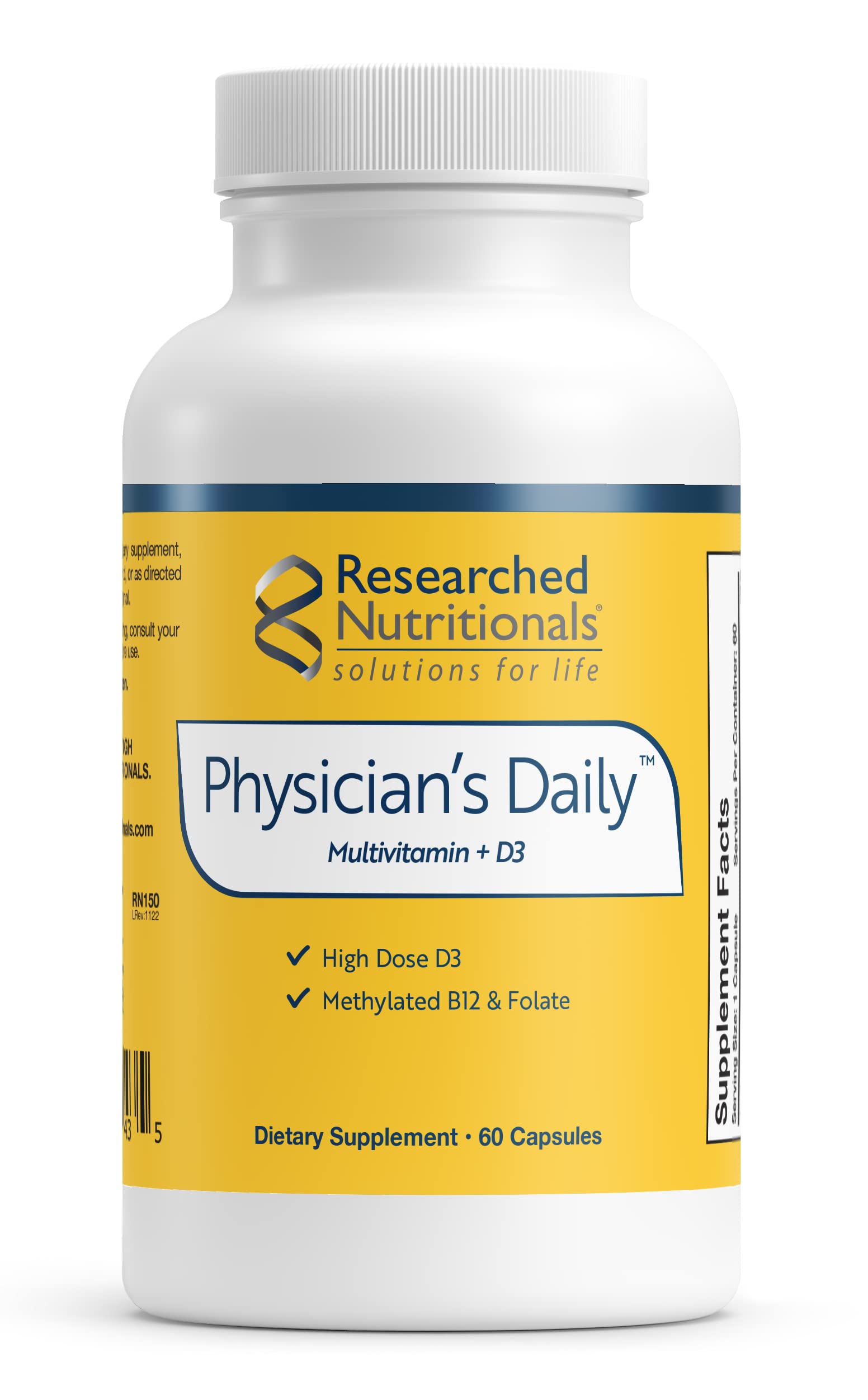 Researched Nutritionals Physician's Daily + D3 Supplement - Daily Multivitamin for Men and Women with Vitamin D3 2000iu, Vitamin B12, Vitamin B6 + Methylated Folate (60 Capsules)