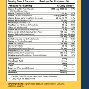 Researched Nutritionals Physician's Daily + D3 Supplement - Daily Multivitamin for Men and Women with Vitamin D3 2000iu, Vitamin B12, Vitamin B6 + Methylated Folate (60 Capsules)