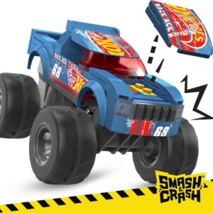 Mega Hot Wheels Monster Trucks Building Toy Car, Smash & Crash Race Ace with 85 Pieces, 1 Micro Action Figure Driver, Blue, Kids Age 5+ Years