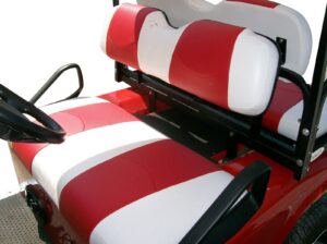 custom deluxe golf cart seat covers- staple on (white w red carbon fiber stripes) (club car precedent (front & rear set))